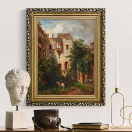 Bilderwelten Bild mit Barockrahmen Antik originell modern Barock gr&uuml;n - Carl Ludwig Fahrbach - Im Hof des Heidelberger Schlosses - edle Optik Wohnzimmer