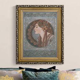 Bilderwelten Bild mit Barockrahmen Antik originell modern Barock grau - Alfons Mucha - Helena - edle Optik Wohnzimmer Schlafzimmer