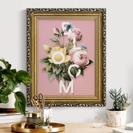 Bilderwelten Bild mit Barockrahmen Antik Blumen modern Barock rosa - Florale Typografie - Bloom - Rose Jugendzimmer