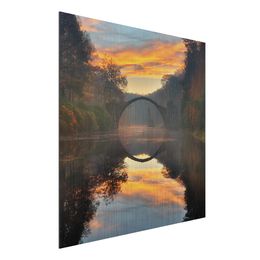 Bilderwelten Alu Dibond Outdoor Bild Wald braun Motiv wetterfest - M&auml;rchenbr&uuml;cke - B&auml;ume Wohnzimmer Schlafzimmer
