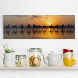 Bilderwelten Leinwandbild - Panorama Kamele im Sonnenuntergang