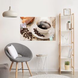 Bilderwelten Glasbild - Querformat Dampfende Kaffeetasse mit Kaffeebohnen