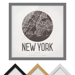 Bilderwelten Bild mit Rahmen - Quadrat Stadtplan New York - Retro