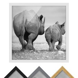 Bilderwelten Bild mit Rahmen Tiere einzigartig Abstrakt inkl. Rahmung - Wandering Rhinos II - Deko Wohnzimmer Schlafzimmer