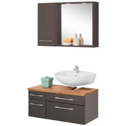 Badmöbel-Set Welltime "Davos", grau (graphit, grau), Siphonausschnitt rechts, Holzwerkstoff, Kastenmöbel-Sets, inklusive Beleuchtung, Hängeschrank und Waschbeckenunterschrank