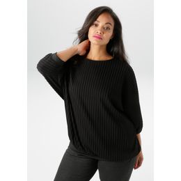 Rundhalsshirt ANISTON PLUS, Damen, Gr. 48, schwarz, Jersey, Obermaterial: 93% Polyester, 7% Elasthan, unifarben, figurumspielend Po-bedeckend, Rundhals, B&uuml;ndchen, Shirts Rundhalsshirt, mit interessanter Biesenstruktur - NEUE KOLLEKTION, Topseller