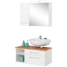 Badmöbel-Set Welltime "Davos", weiß, Siphonausschnitt rechts, Holzwerkstoff, Kastenmöbel-Sets, mit LED-Beleuchtung, Hängeschrank und Waschbeckenunterschrank