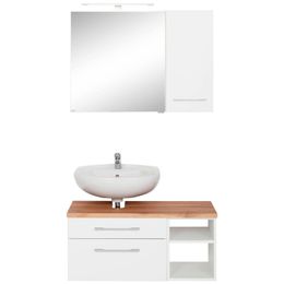 Badmöbel-Set Welltime "Davos", weiß, Siphonausschnitt links, Holzwerkstoff, Kastenmöbel-Sets, mit LED-Beleuchtung, Hängeschrank und Waschbeckenunterschrank