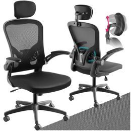 TecTake&reg; B&uuml;rostuhl, ergonomische Form mit verstellbarer Lordosenst&uuml;tze und verstellbarer Kopfst&uuml;tze, mit Netzstoffbezug, klappbare Armlehnen und Wippfunktion, stufenlos h&ouml;henverstellbar