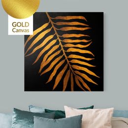 Leinwandbild Gold Gold - Palmenblatt II auf Schwarz - Wandbilder XXL Print Botanik Tropical Illustration Wohnzimmer Schlafzimmer Bad Badezimmer K&uuml;che