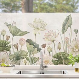 Bilderwelten Fensterfolie Blumen Tropisch Aquarell gr&uuml;n - Anmutige Seerosen und sanfte Bl&auml;tter - Gr&auml;ser Wohnzimmer Schlafzimmer K&uuml;che