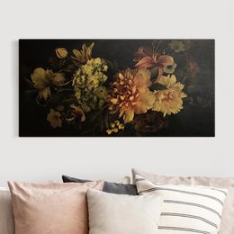 Bilderwelten Leinwandbild - Querformat Blumen mit Nebel auf Schwarz