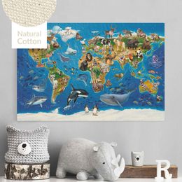 Bilderwelten Leinwandbild - Querformat Animal Club International - Weltkarte mit Tieren