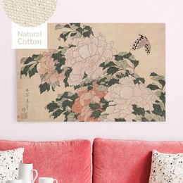 Leinwandbild Katsushika Hokusai - Rosa Pfingstrosen mit Schmetterling