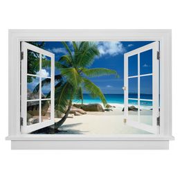 3D Wandtattoo Offenes Fenster Traumstrand Fenster Karibik Paradies Wandsticker 3D-Optik Wandaufkleber Fenster Ausblick in S-XXL 3D-Effekt