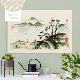 Bilderwelten Leinwandbild Japanische Aquarell Zeichnung See und Berge