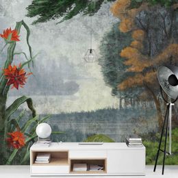 Bilderwelten Fototapete Wald Vintage Wandtapete bunt - Rote Blumen einer Waldlandschaft - B&auml;ume Wohnzimmer Schlafzimmer