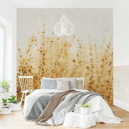 Bilderwelten Fototapete Bl&auml;tterfeld im Sommer - Vliestapete nach Ma&szlig; Blumen Floral Botanik Tropical Kunstdruck Muster Wohnzimmer Beige