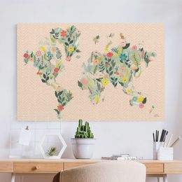 Bilderwelten Leinwandbild Florale Weltkarte T&uuml;rkis