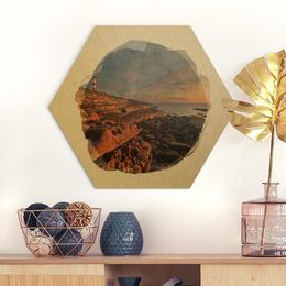 Bilderwelten Hexagon-Alu-Dibond Bild Wasserfarben - Tarbat Ness Meer & Leuchtturm bei Sonnenuntergang