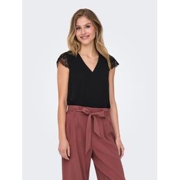 Only Damen Kurzarmshirt "ONLELVA FR S/S LACE V-NECK TOP CS PTM", schwarz, Gr. XS, unifarben, Jersey, Obermaterial: 100% Polyester, Shirts