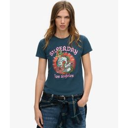Superdry Damen Marineblau und Rosa Figurbetontes Tattoo-T-Shirt mit Strassbesatz Grafikdruck, Gr&ouml;&szlig;e: 44 210242150213434T025