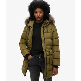 Superdry Damen Mittellanger Everest Steppmantel mit Kunstfellbesatz Gr&uuml;n - Gr&ouml;&szlig;e: 38 2082218500580GMJ017