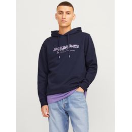 Jack & Jones JACK & JONES Herren Kapuzensweatshirt "JJALVIS SWEAT HOOD", blau, Gr. S, bedruckt, angeraute Sweatware, Obermaterial: 65% Baumwolle, 35% Polyester,