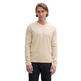 Tom Tailor Herren V-Ausschnitt-Pullover, beige, Gr. XL, meliert, Strick, Obermaterial: 100% Baumwolle, Pullover, mit kleiner Logo-Stickerei