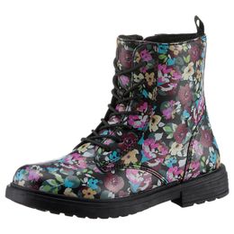 Geox Mädchen Schnürboots "J ECLAIR GIRL D", Gr. 27, schwarz, Lederimitat, geblümt, Schuhe, Schnürstiefel, Boots mit Blockabsatz