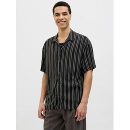 Jack & Jones JACK & JONES Herren Kurzarmhemd "JJEJEFF STRIPE RESORT SHIRT SS SN", schwarz, Gr. S, gestreift, Web, Obermaterial: 100% Viskose, Hemden, mit Streifen