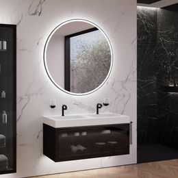 neoro n80 fumo Unterschrank B: 120 cm mit 1 Auszug, mit Parsolglasfront, mit Spiegel, Doppelwaschtisch area, BN0161WM+BN0434SG+BN0024MI,