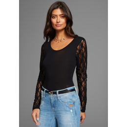 Langarmbody Laura Scott, Damen, Gr. 44, N-Gr, schwarz, Jersey, Obermaterial: 95% Viskose, 5% Elasthan. Spitze: 95% Polyester, 5% Elasthan, geblümt, unifarben, sehr figurbetont, Rundhals, abgesteppte Kante, Bodys, mit edlen Spitzenärmeln