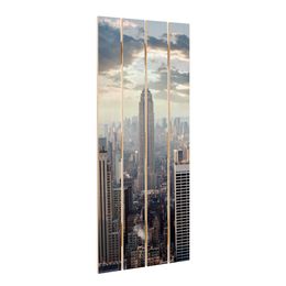 Holzbild Plankenoptik Sonnenaufgang in New York - Wandbilder aus Holz Palettenoptik Skyline Stadt Wohnzimmer Schlafzimmer Bad Badezimmer K&uuml;che Flur