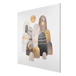 Bilderwelten Alu Dibond Outdoor Bild originell grau Abstrakt wetterfest - Gold Berge mit Mond - Deko Wohnzimmer Schlafzimmer