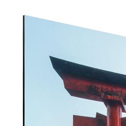 Bilderwelten Alu Dibond Outdoor Bild Natur rot Motiv wetterfest - Rotes Torii am Ashi-See - Asia Wohnzimmer Schlafzimmer