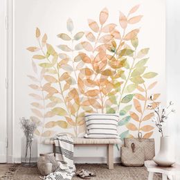Bilderwelten Fototapete Sommerlicher Bl&auml;tterreigen Malerei Aquarell,Tropisch,Botanik Pflanzen Wohnzimmer,Schlafzimmer Vliestapete inkl. Kleister oder selbstklebend