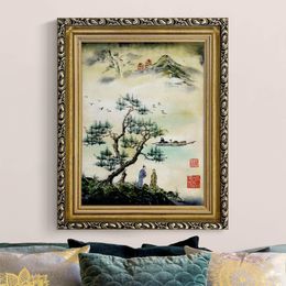 Bilderwelten Bild mit Barockrahmen Antik Wald Vintage Aquarell gr&uuml;n - Japanische Aquarell Zeichnung Kiefer und Bergdorf - Berg Wohnzimmer Schlafzimmer