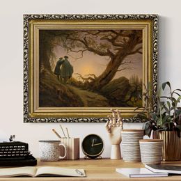 Bilderwelten Bild mit Barockrahmen Antik originell modern Barock braun - Caspar David Friedrich - Zwei M&auml;nner in Betrachtung des Mondes - edle Optik Wohnzimmer
