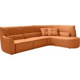 Ecksofa Egoitaliano "Puffy, extravagant & edel, Retro Designsofa, hoher Sitzkomfort, L-Form", orange, B:330cm H:88cm T:205cm, Leder &raquo;BULL&laquo; (echtes Rindsleder). Geschliffenes, pigmentiertes und behandeltes Rindsleder mit einer Dicke von 1, 3-1, 5 mm. Dieses Leder zeigt eine ziemlich weiche Hand mit einem halb undurchsichtigen Aussehen. Es handelt sich um ein gesch&uuml;tztes Leder. Eine leichte Deckschi