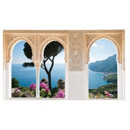 3D Wandtattoo Verzierte Fenster Ausblick vom Garten aufs Meer Fenster Wandsticker 3D-Optik Wandaufkleber Fenster Ausblick in S-XXL 3D-Effekt