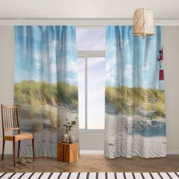 Bilderwelten Vorhang Leuchtturm an der Nordsee - blickdichte Gardine Natur Strand Wohnzimmer Schlafzimmer Küche Bad Badezimmer Blau
