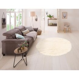 Wollteppich my home, H:40mm &Oslash;:140cm, beige, Wolle, Teppiche, "Kjara", reine Wolle, Flokati Stil, handgewebter Teppich, Uni Farben, Hochflor