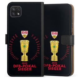 DeinDesign Galaxy A22 5G Handy Klapph&uuml;lle Handyh&uuml;lle aus Kunst Leder schwarz Flip Case Vfb Stuttgart Trophy Official Licensed Product Sideflip mit langer Lasche