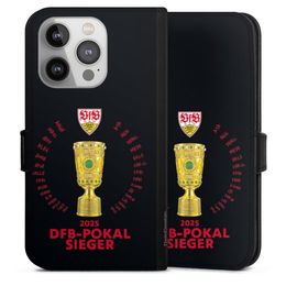 DeinDesign iPhone 14 Pro Handy Klapph&uuml;lle Handyh&uuml;lle aus Kunst Leder schwarz Flip Case Trophy Official Licensed Product Vfb Stuttgart Sideflip mit langer Lasche