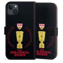DeinDesign iPhone 14 Plus Handy Klapph&uuml;lle Handyh&uuml;lle aus Kunst Leder schwarz Flip Case Trophy Official Licensed Product Vfb Stuttgart Sideflip mit langer Lasche