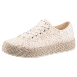 Tamaris Damen Plateausneaker, Gr. 36, beige, Lederimitat, Textil, Schuhe, Freizeitschuh, Halbschuh, Schn&uuml;rschuh mit H&auml;kelapplikation