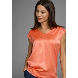 Shirtbluse HECHTER PARIS, Damen, Gr. 38, orange (koralle), Satin, Obermaterial: 100% Polyester. Rückenteil: 95% Viskose, 5% Elasthan, clean, figurumspielend hüftlang, V-Ausschnitt, weit normaler Saum, Blusen, mit Spitzendetail