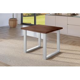 Esstisch 80x80 cm Baumkante Holz Nussbaum-Optik U-Gestell Metall silber JULIUS