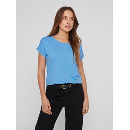 Rundhalsshirt Vila "VIDREAMERS NEW PURE T-SHIRT/SU-NOOS", Damen, Gr. S, blau (blissful blau), Jersey, Obermaterial: 50% Baumwolle, 50% Polyester, unifarben, regular fit normal, Rundhals, Shirts Rundhalsshirt, Basic Damen-T-Shirt mit Rundhalsausschnitt und umgeschlagenen Ärmeln